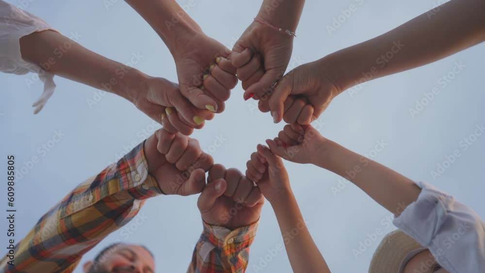 Farmer family people collecting fists together making gesture of ...