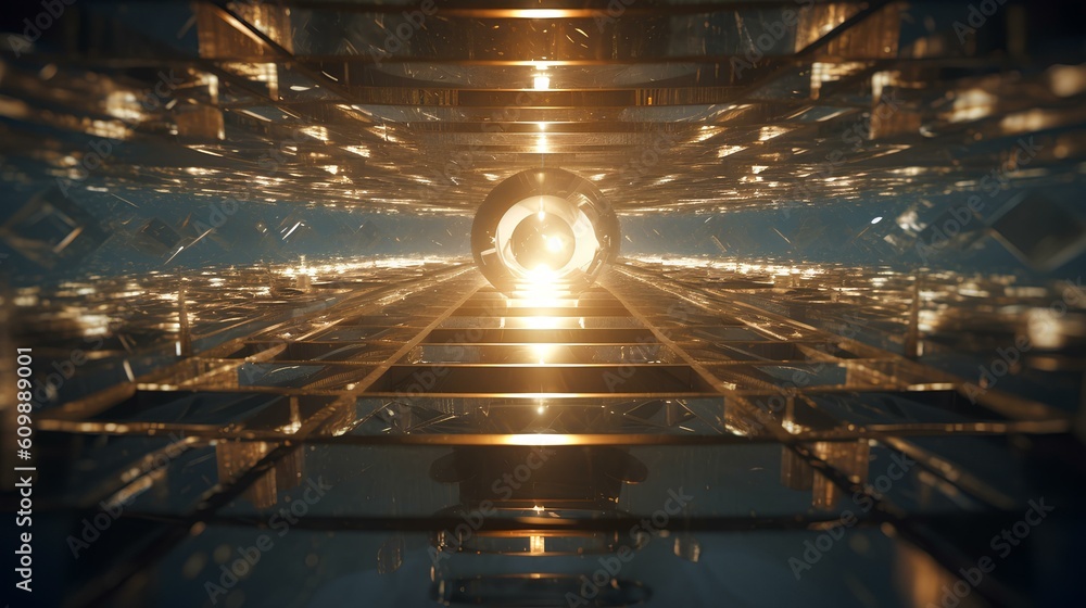 geometric vortex in panoptic diorama in an infinity mirror room, light ...