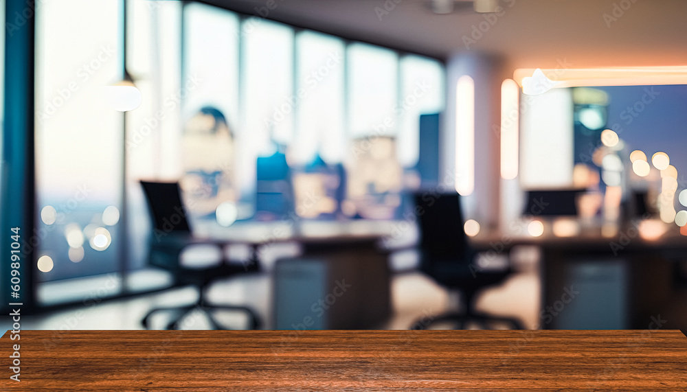 Wood table in city center modern office background with empty copy ...