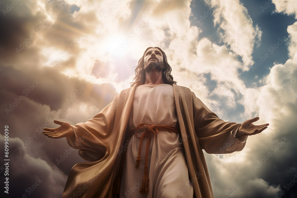 Jesus with raised hands appeared from the clouds and the sky with ...