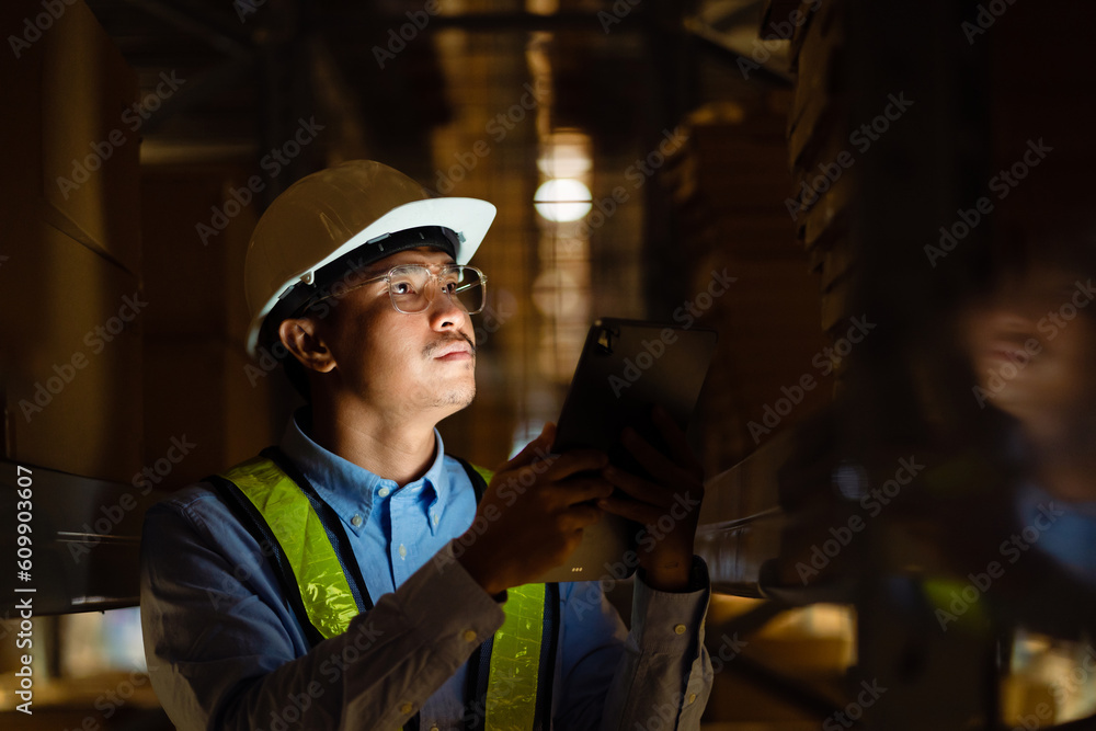 Asian engineer at power station using digital tablet working night ...