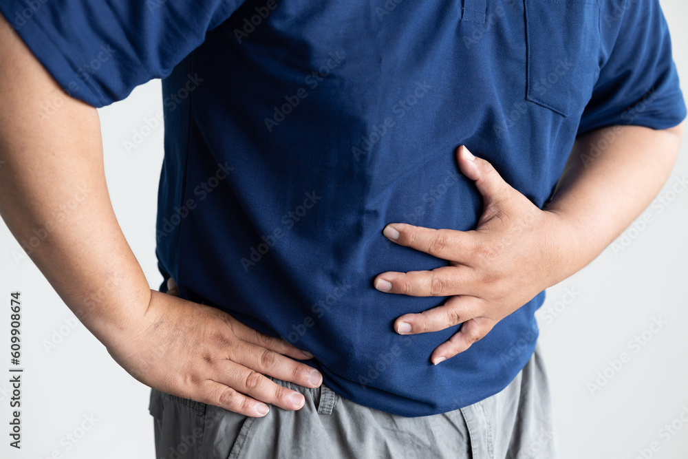 Middle aged old uncle asian man being sick with stomachache concept ...