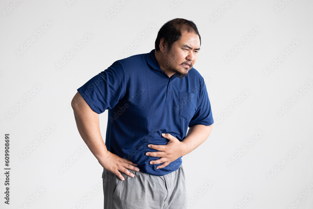 Middle aged old uncle asian man being sick with stomachache concept ...