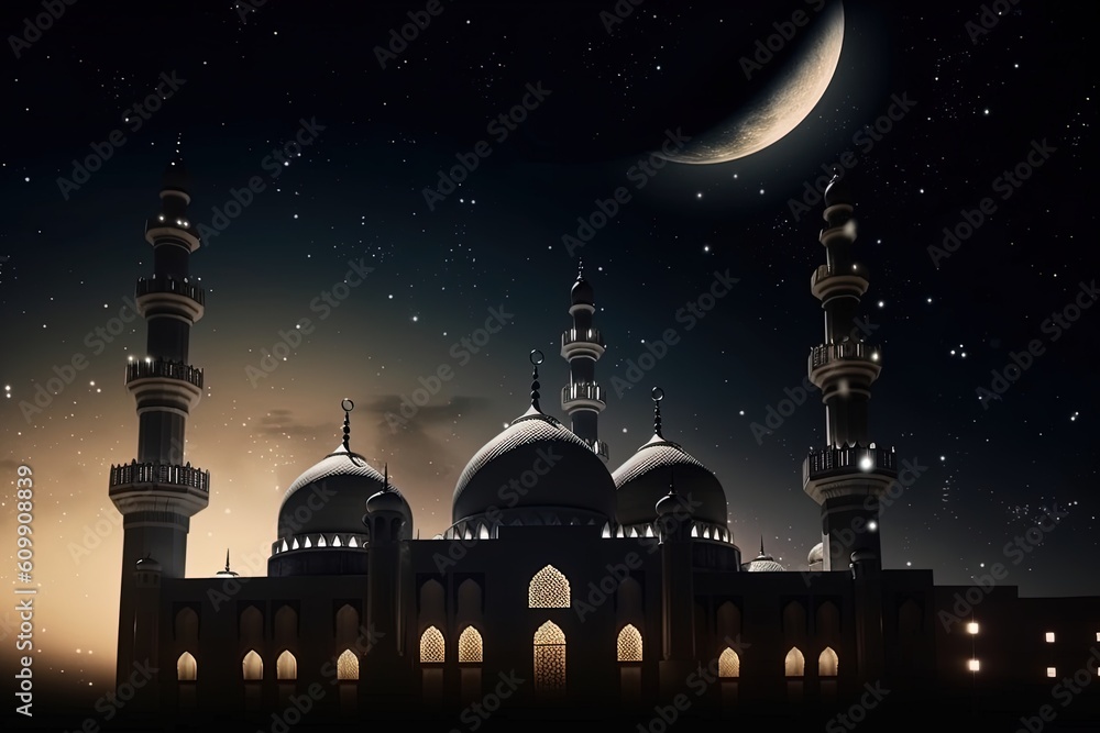 Mosque at night with moon and stars. Majestic nightscape. Generative AI ...