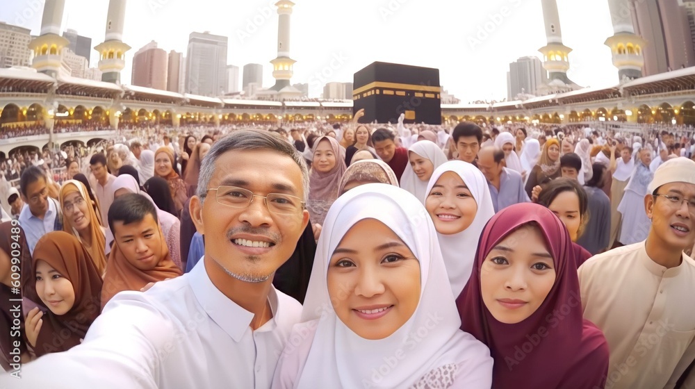 A Muslim family taking selfie with camera showing view of kaaba in ...