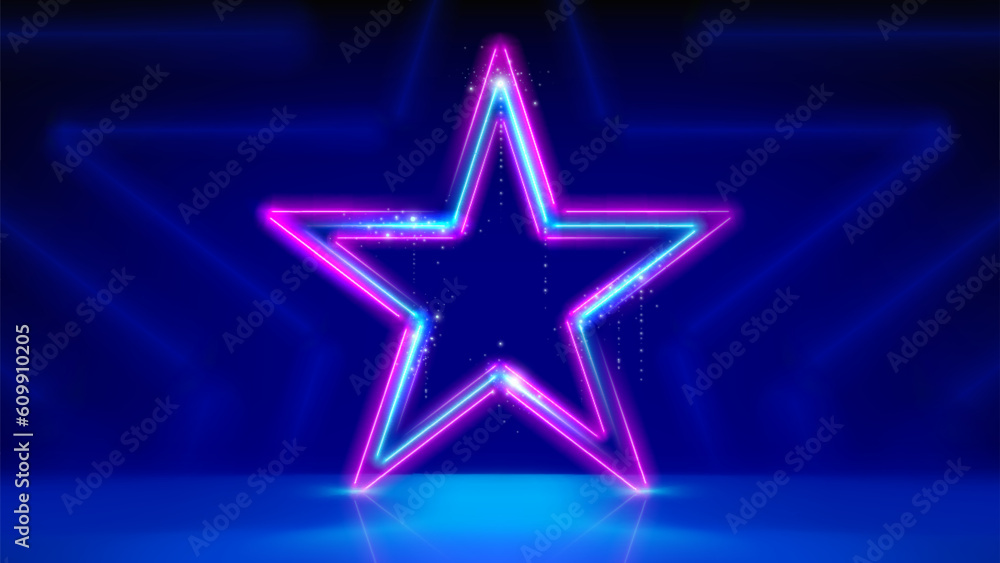 Neon stars, stage light, glowing led star. Background for awards ...