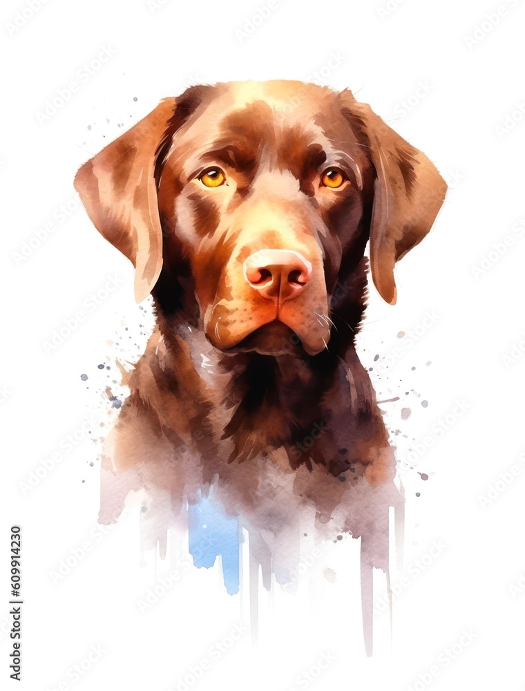 Watercolor cartoon illustration of a cute chocolate Labrador dog on ...