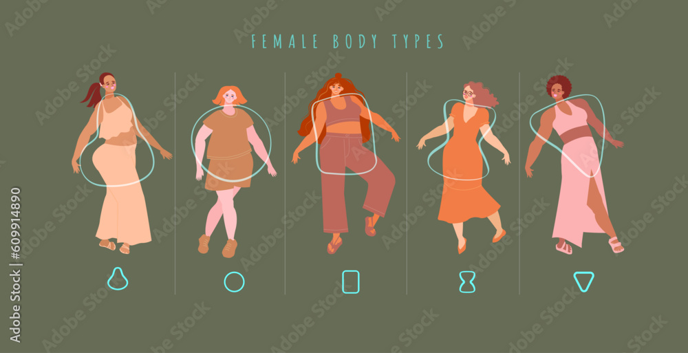 Set of full female body types circle, triangle, pear, hourglass and ...