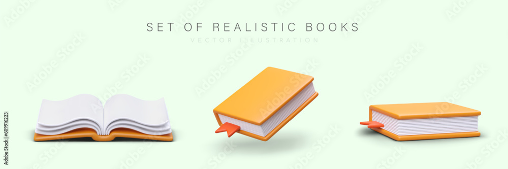 Set of realistic 3d books with orange cover in different positions ...