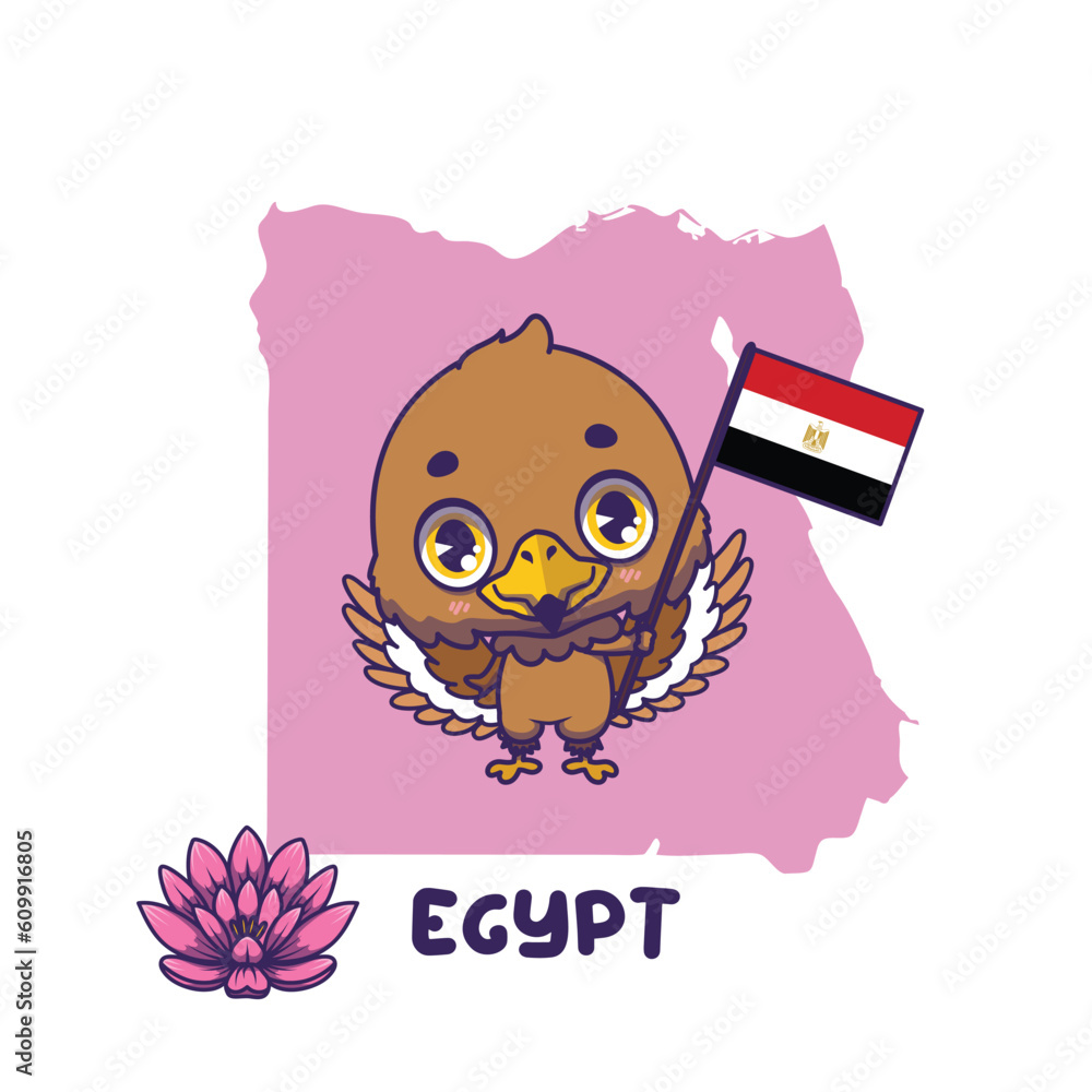 National animal steppe eagle holding the flag of Egypt. National flower ...