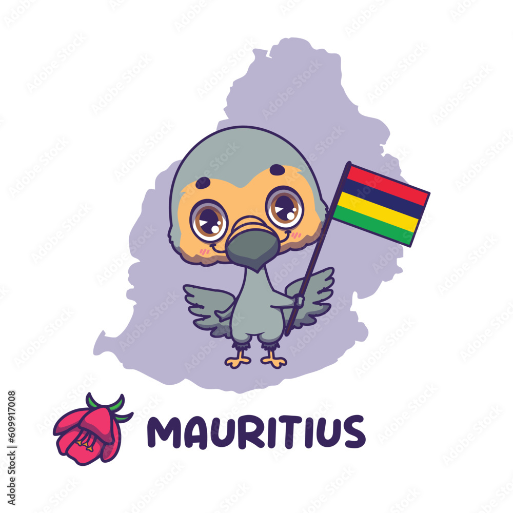 National animal dodo holding the flag of Mauritius. National flower ...