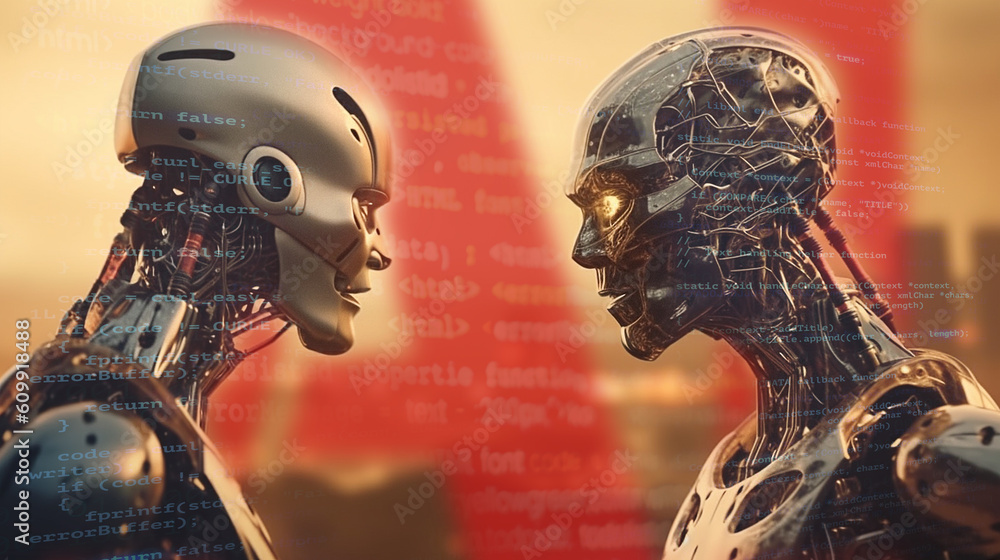 Two robots about to get into a fight are looking at each other ...