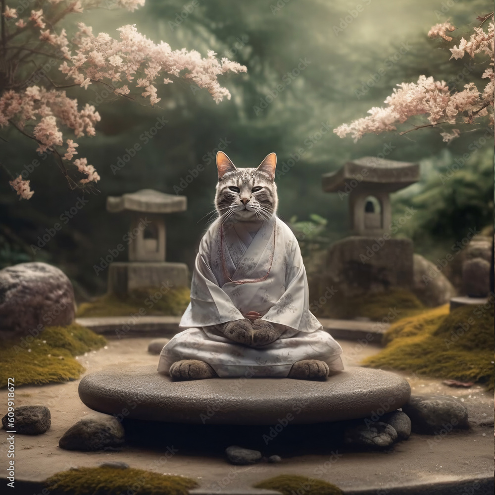 Domestic cat sitting in lotus position and meditating as a zen master ...