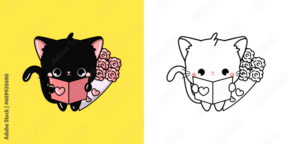 Cute Black Kitten Clipart Illustration and Black and White. Funny Cat ...