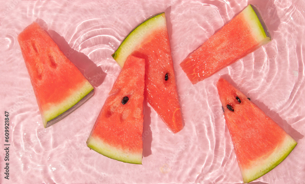 Fotka „Summer creative layout with watermelon slices in pastel pink ...
