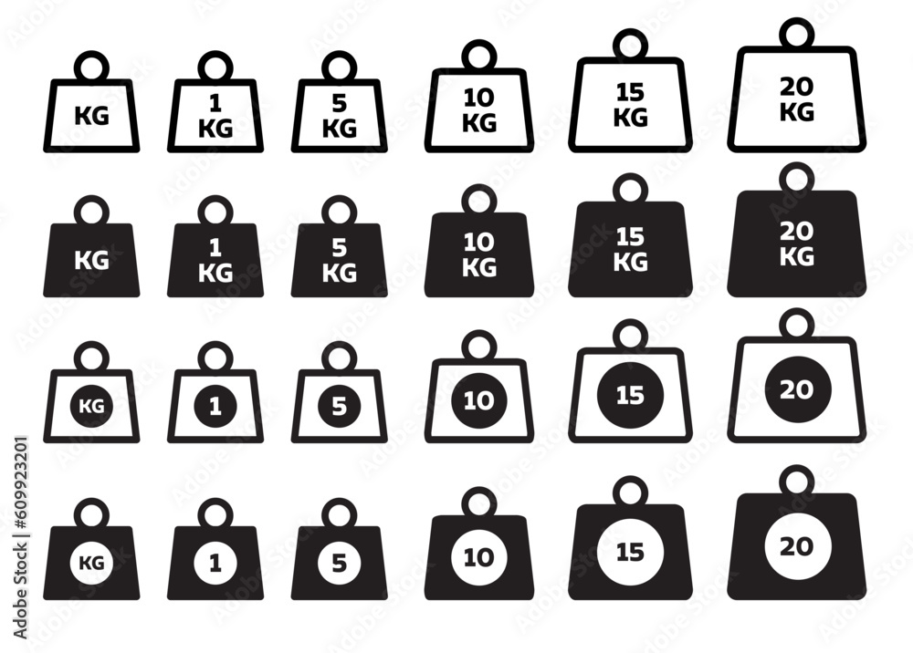 kilogram icon set of 1,5,10,15, and 20 kg. kilo weight vector symbol ...