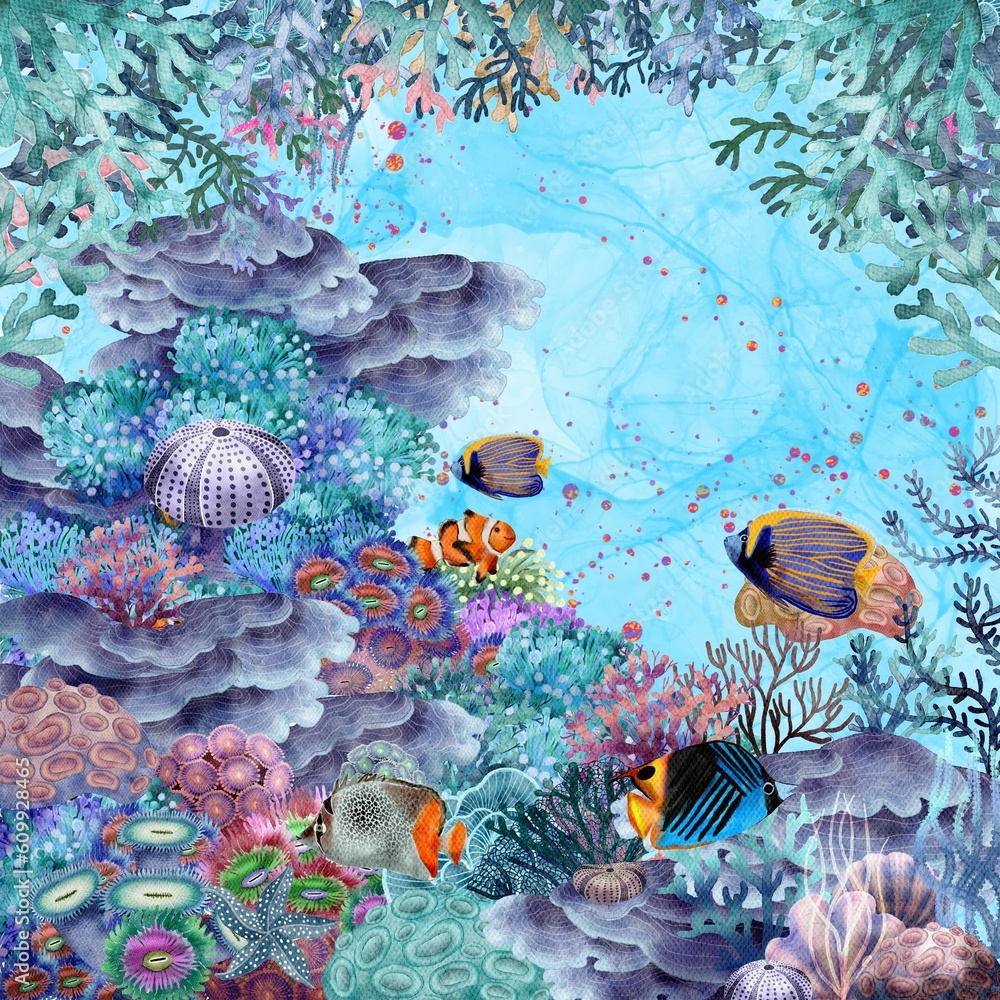Beautiful deep sea with coral reef, fish on a blue sea background ...
