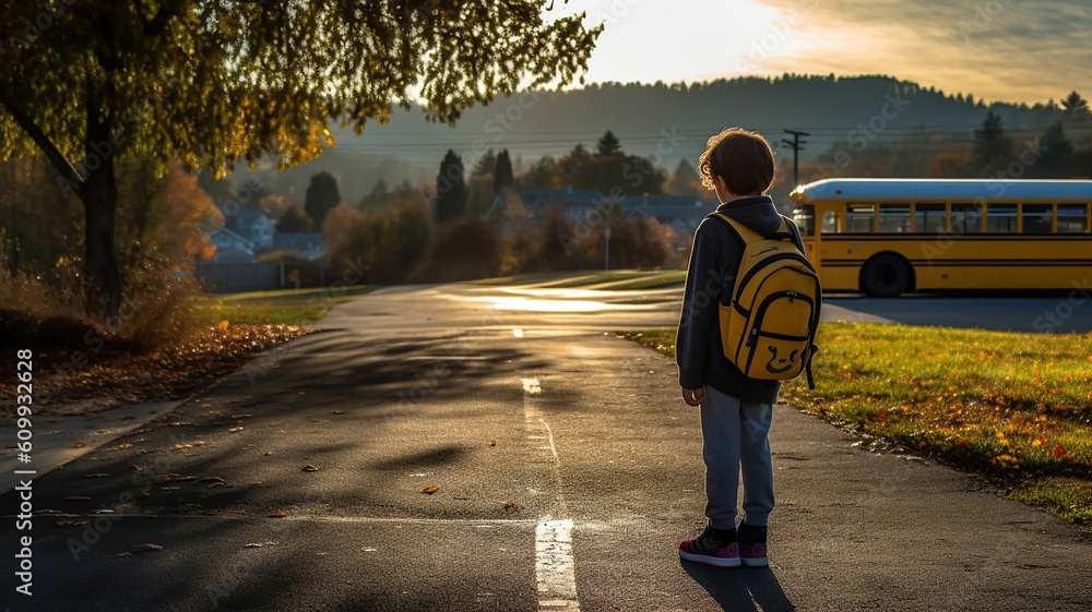 student waiting for the arrival of the school bus to go to school ...