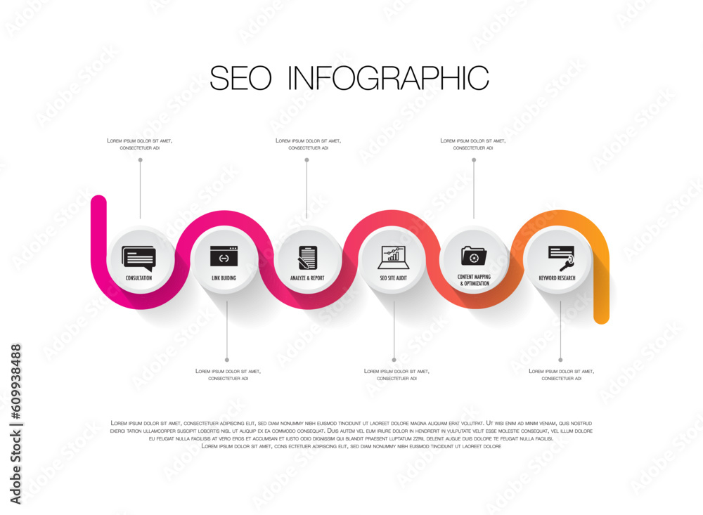 Infographic 6 step SEO and road map for business chart to present data ...