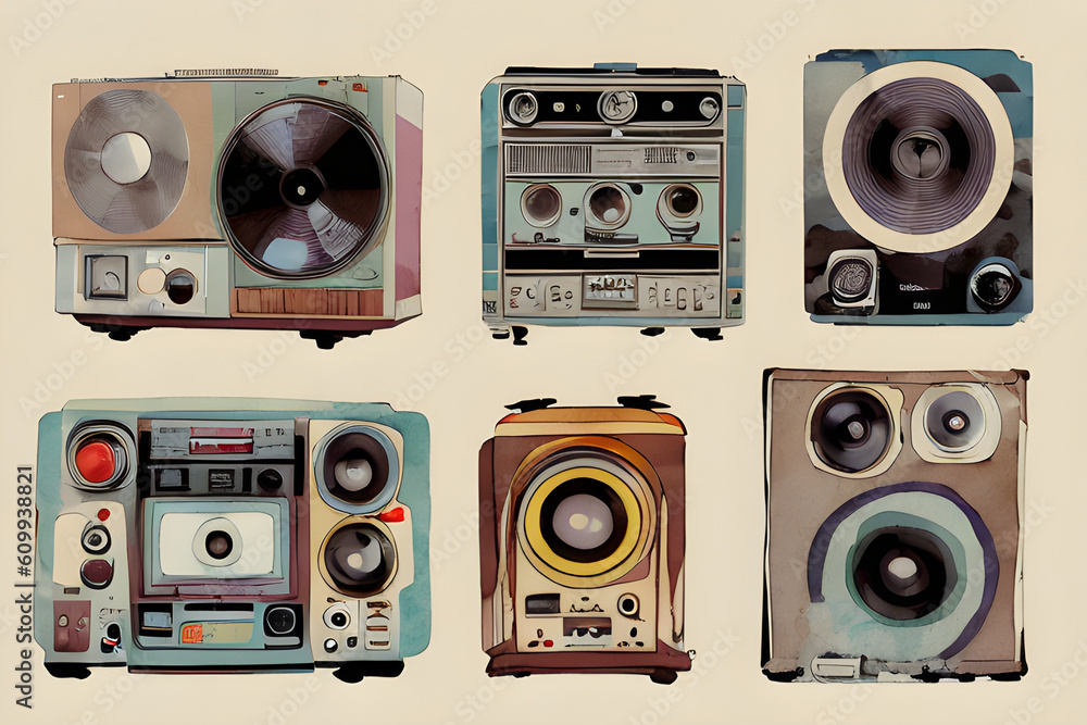 Pop art collage of vintage radios, record players, projectors, vhs ...