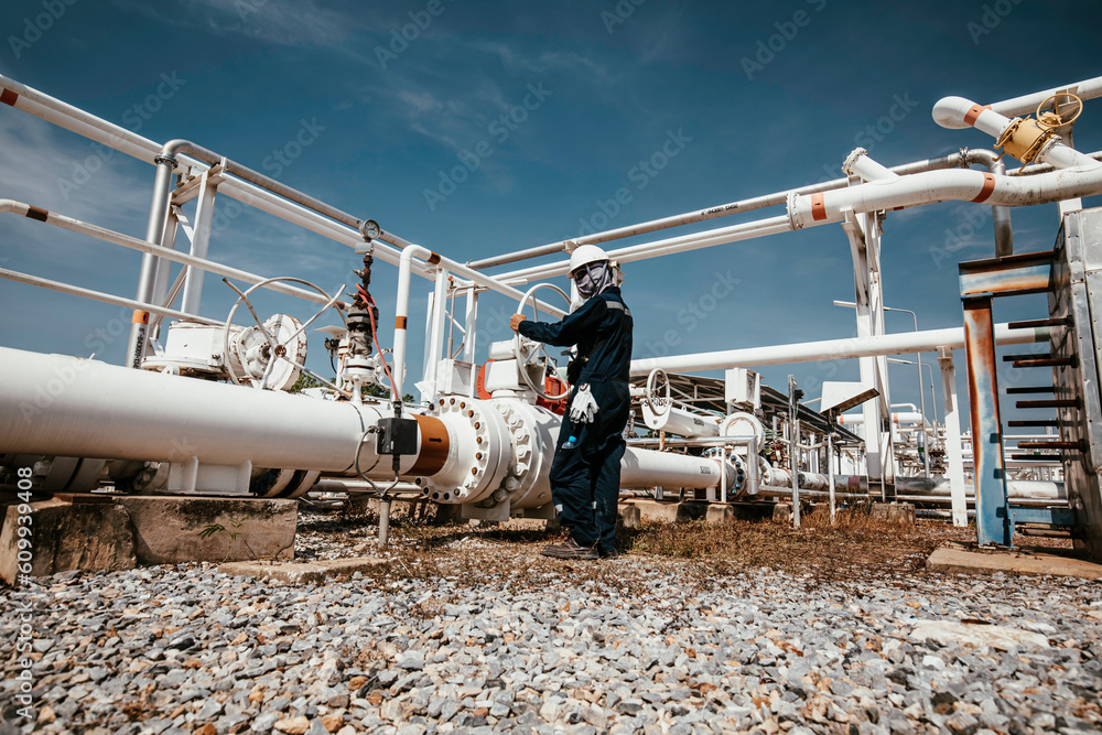 Production operator opening ball valve at pipeline oil and gas wellhead ...