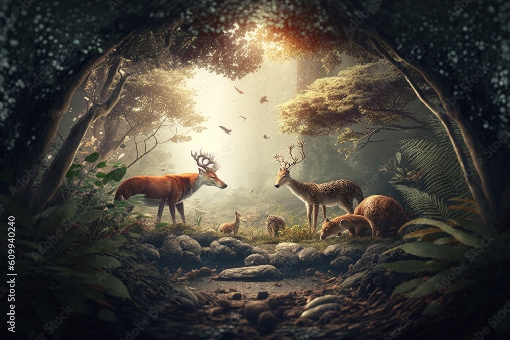 landscape Earth with safari animals and fauna On Soil In Forest With ...