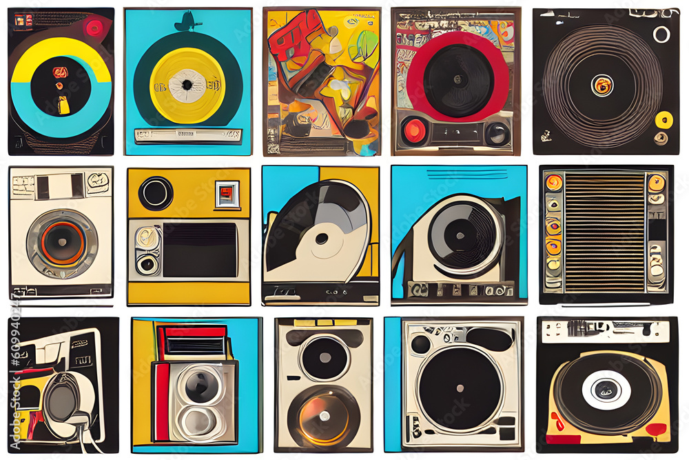 Pop art collage of vintage radios, record players, projectors, vhs ...