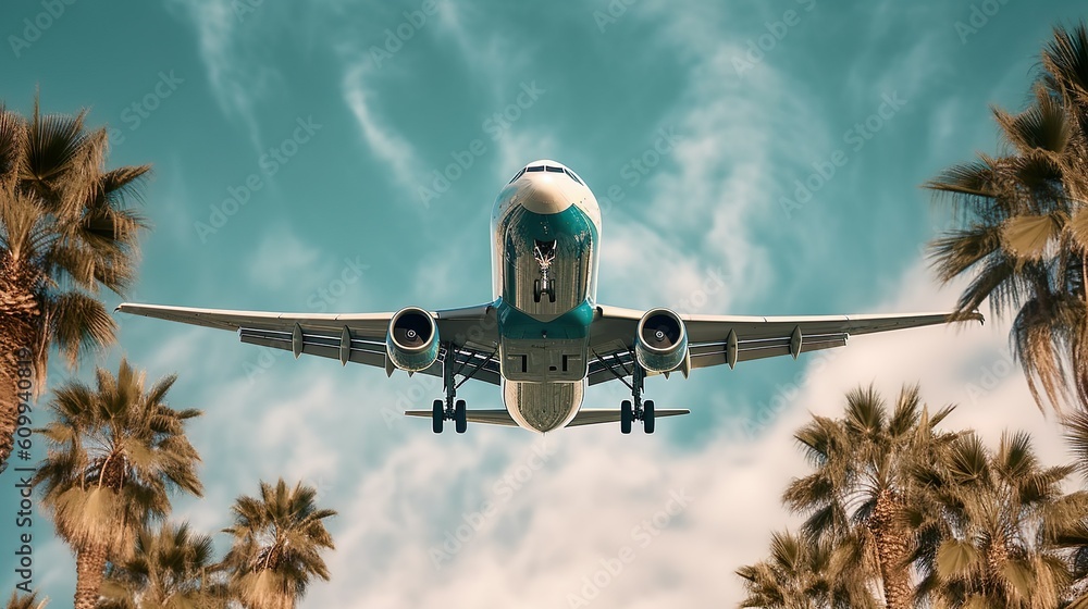 Airplane flying over palm trees made with Ai generative technology ...