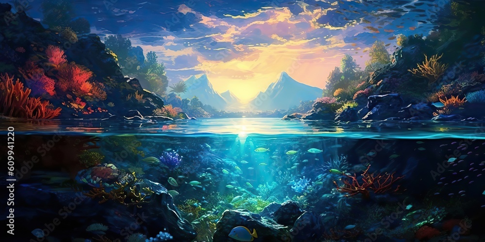 AI Generated. AI Generative. Underworld under water sea ocean diving ...