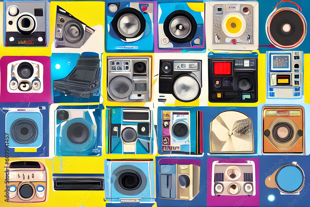 Pop art collage of vintage radios, record players, projectors, vhs ...