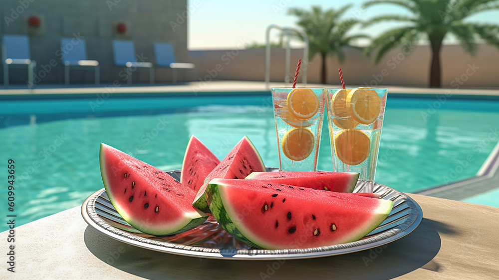 Watermelon plater with drinks on vacation at the swimming pool ...