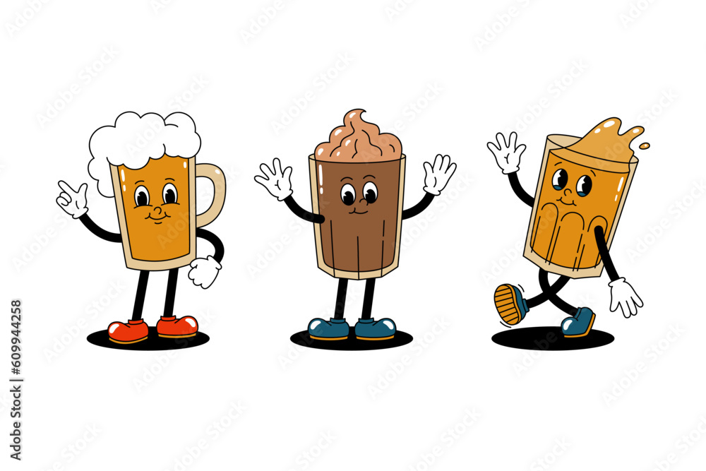 Vector set with cartoon retro mascots colored illustrations of walking ...