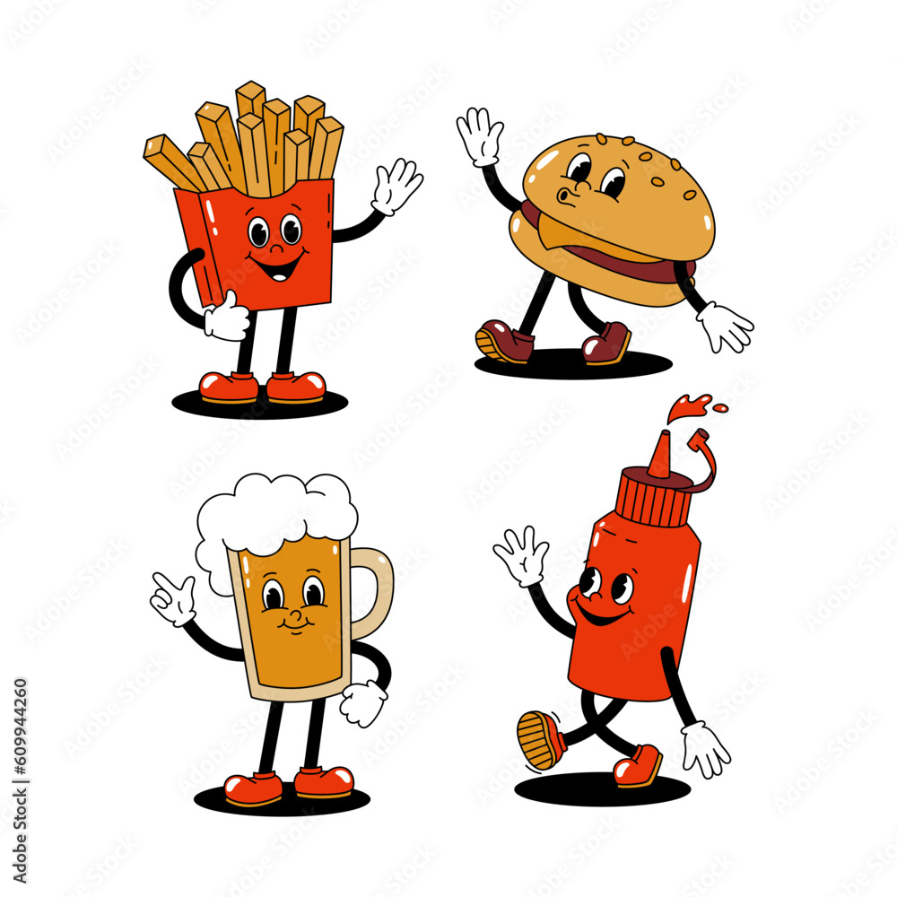 Vector set with cartoon retro mascots colored illustrations of walking ...