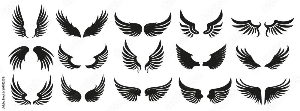 Collection of black vector wings for logo or emblem design. Bird wings ...