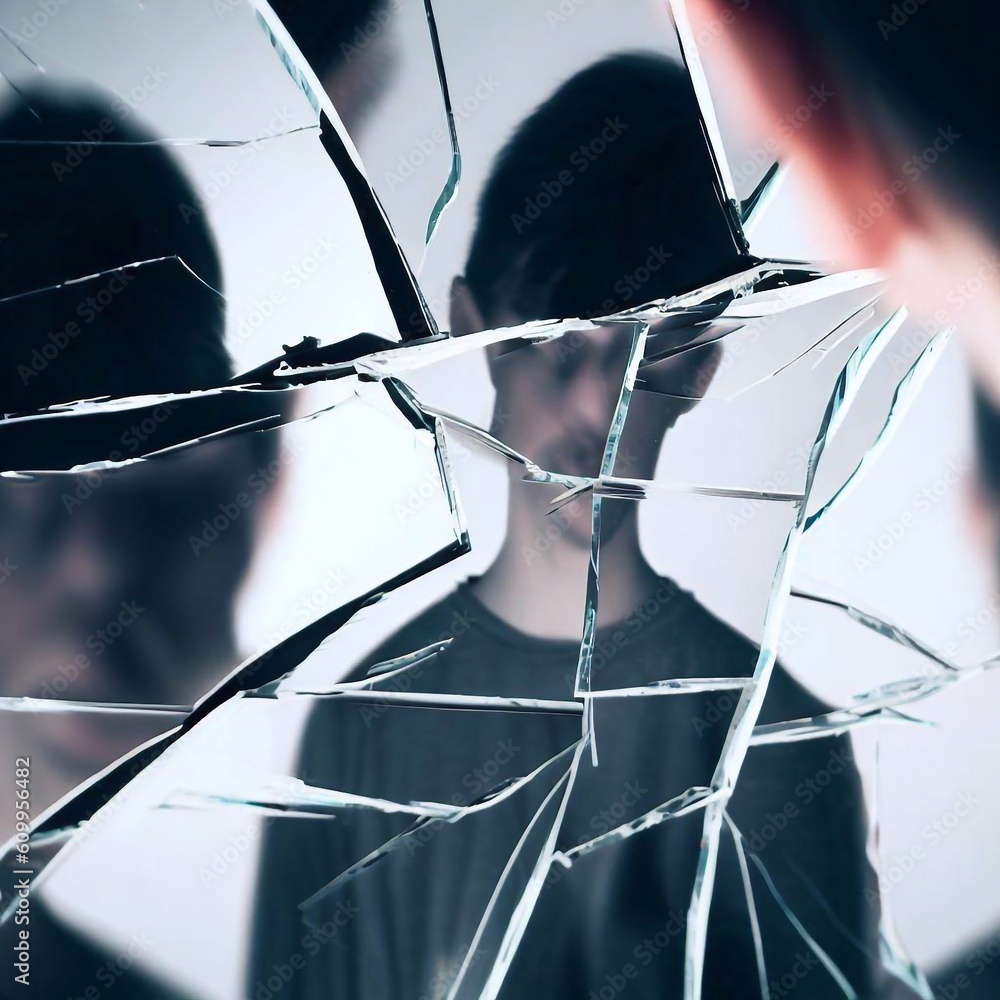 shattered mirror reflecting distorted images of a person Stock ...