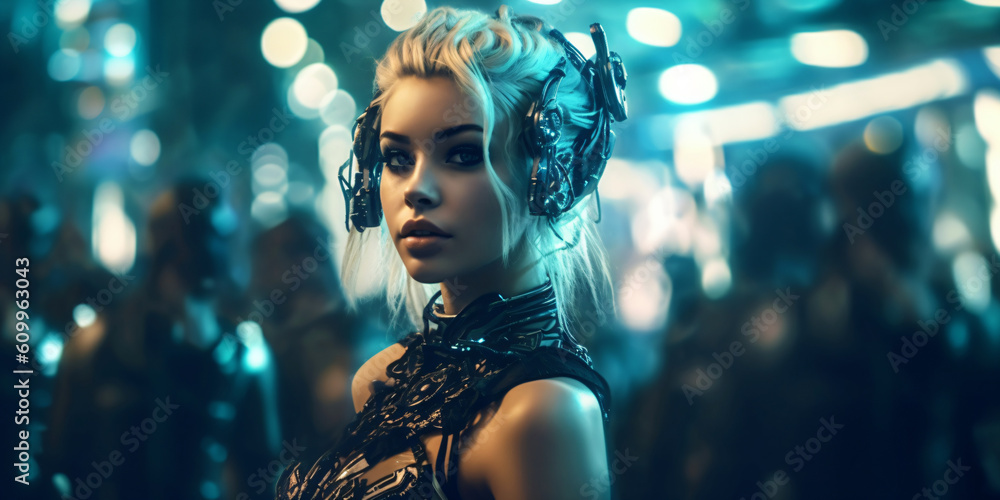 crazy female cyborg portrait, dystopian fashion woman, fictional person ...