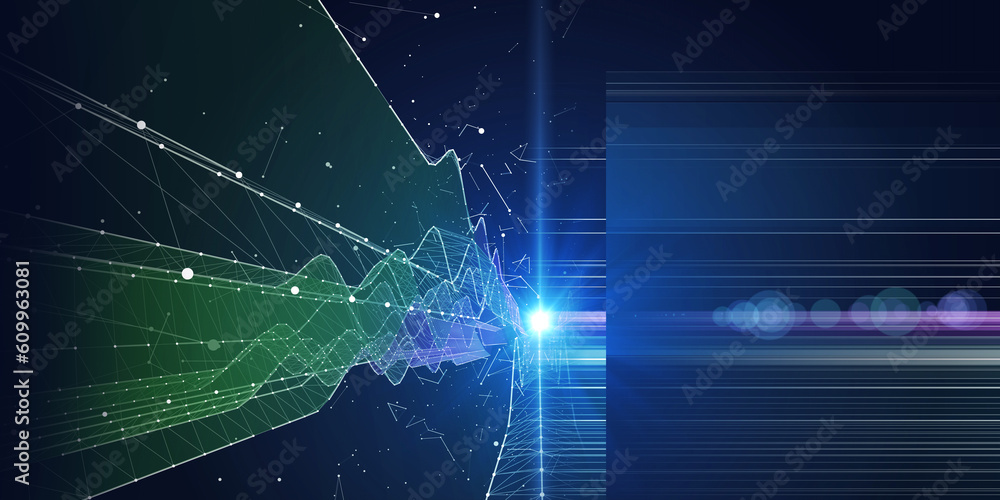 Abstract background white grid in color graph with dots and blurred lines on dark. Technology ...