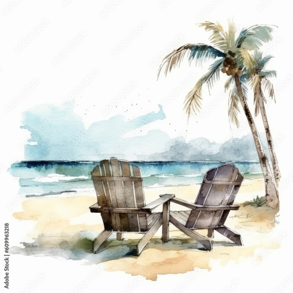 drawing of beach chair with leaning coconut trees on the beach ...