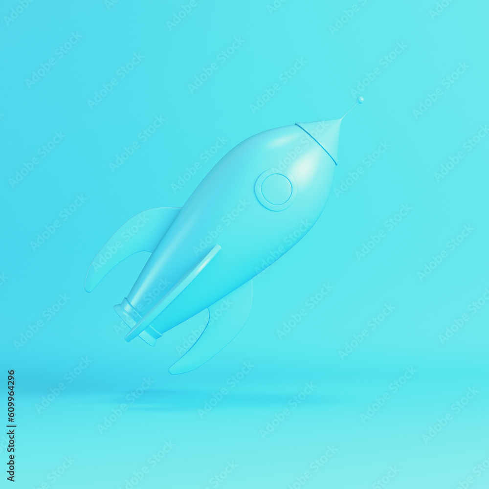 Cartoon styled rocket ship bright blue background in pastel colors ...