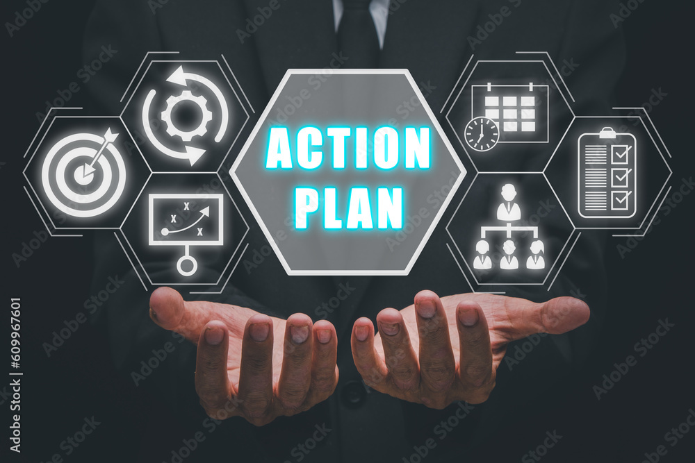 Action plan strategy vision planning direction concept, Business person ...