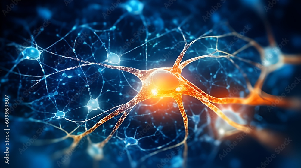 Active nerve cells. Neuronal network with electrical activity of neuron ...