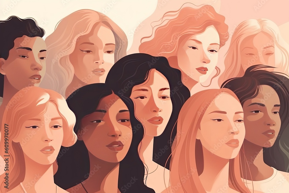 Empowered Women of different races. Women faces graphic illustration ...