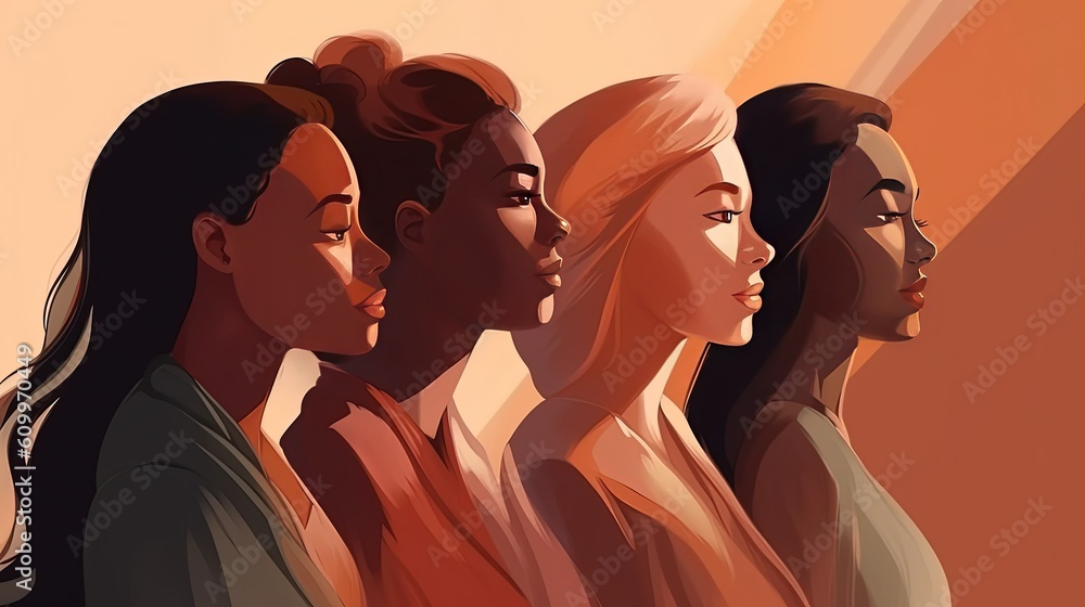 Empowered Women of different races. Women faces graphic illustration ...