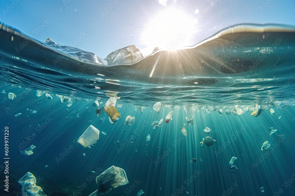 Plastic bags littering the ocean are floating in the under water. An ...