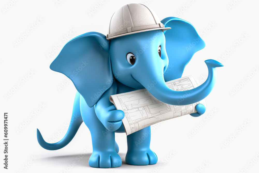 Charming elephant mascot architect, donning a safety helmet and holding ...
