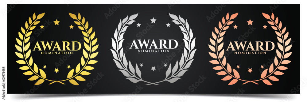 Golden, silver and bronze award signs with laurel wreath, award ...