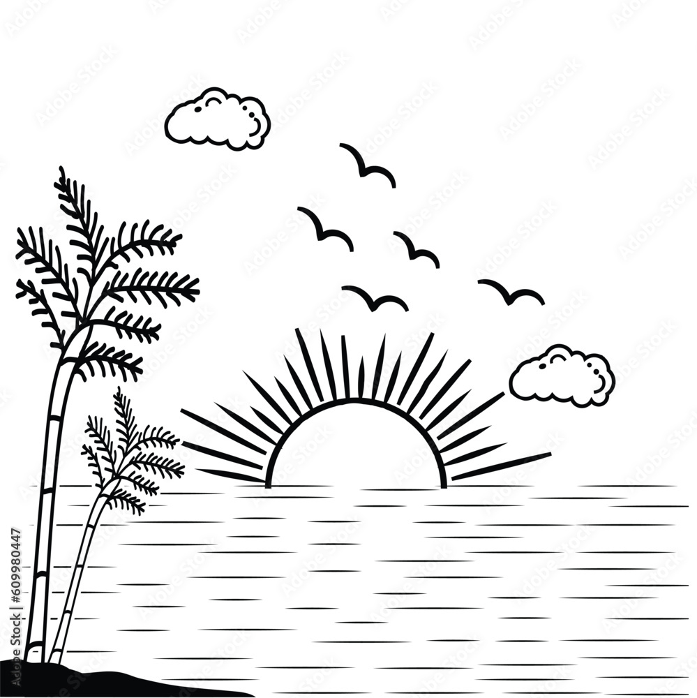 Summer sunset tropical beach line art vector illustration, hand drawn ...