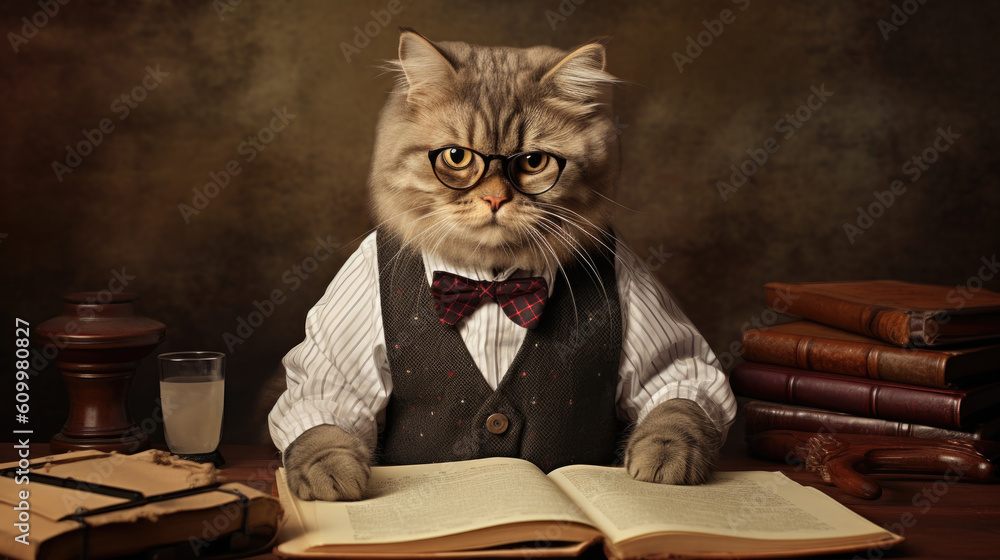 Funny cat professor at school, university, college, with books, in a suit and glasses against ...