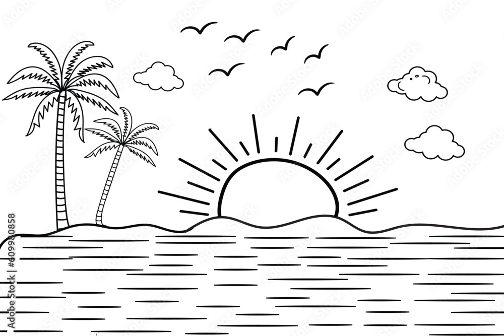 Summer sunset tropical beach line art vector illustration, hand drawn ...