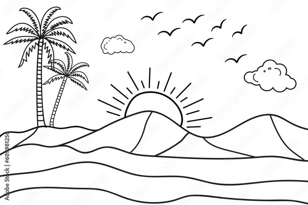 Summer sunset tropical beach line art vector illustration, hand drawn ...